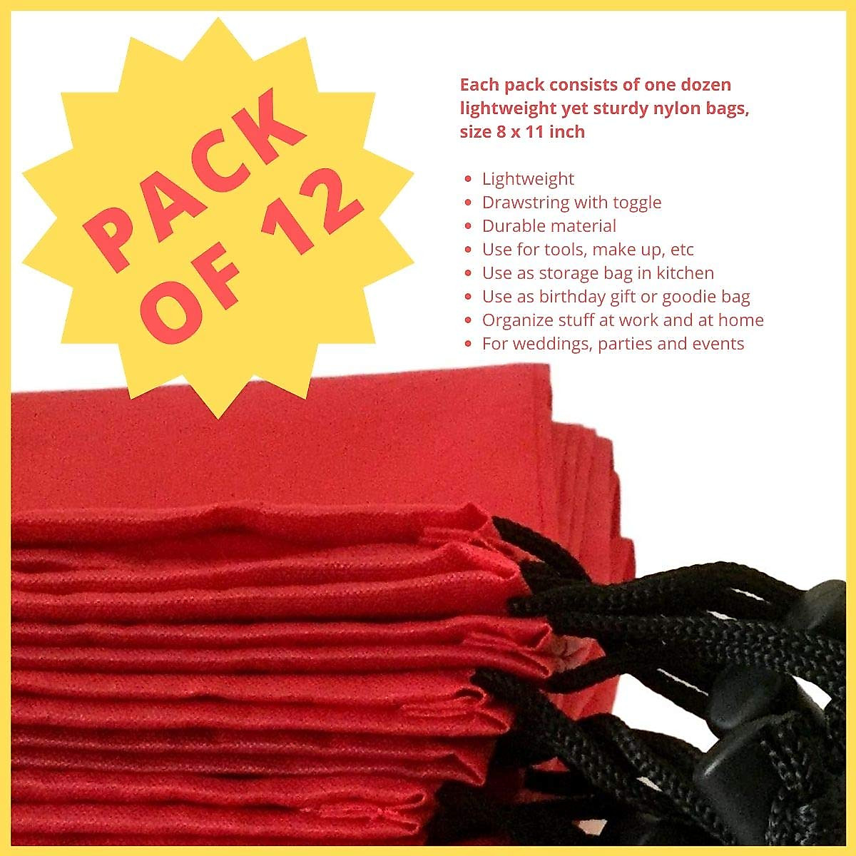 Drawstring Bag - Nylon Cinch and Ditty Stuff Pouch with Toggle (8 x 11-12 pack, Red)