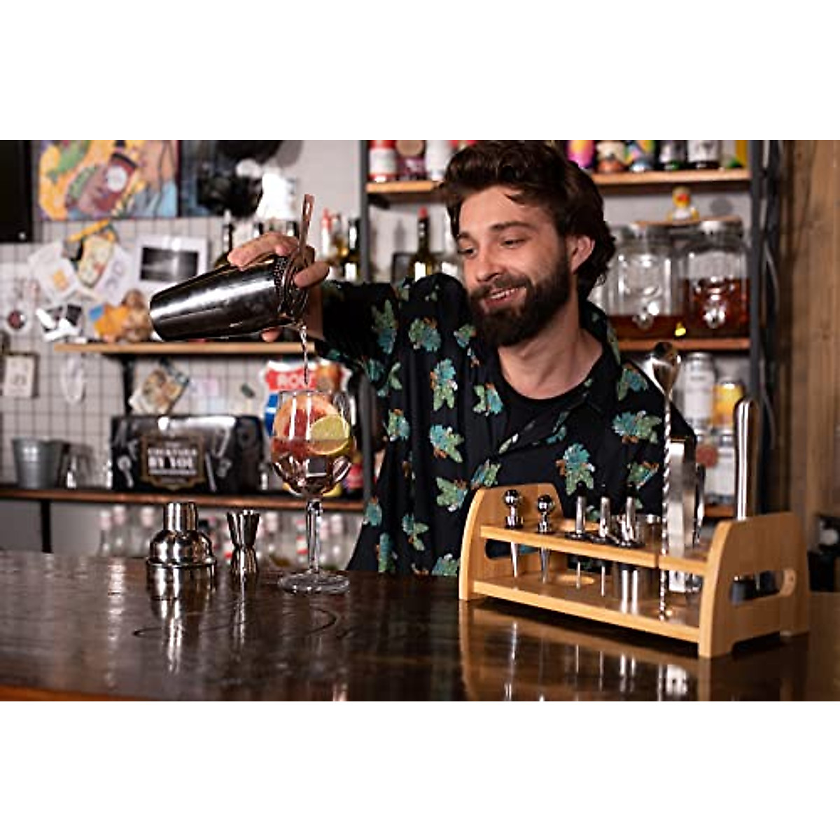 Cocktail Mixology Shaker Set - Bartender Kit with an Elegant Bamboo Stand - Bar Accessories Kit Including a Martini Shaker, Bar Jigger, Syrup Dispenser & Mixer Recipe Book