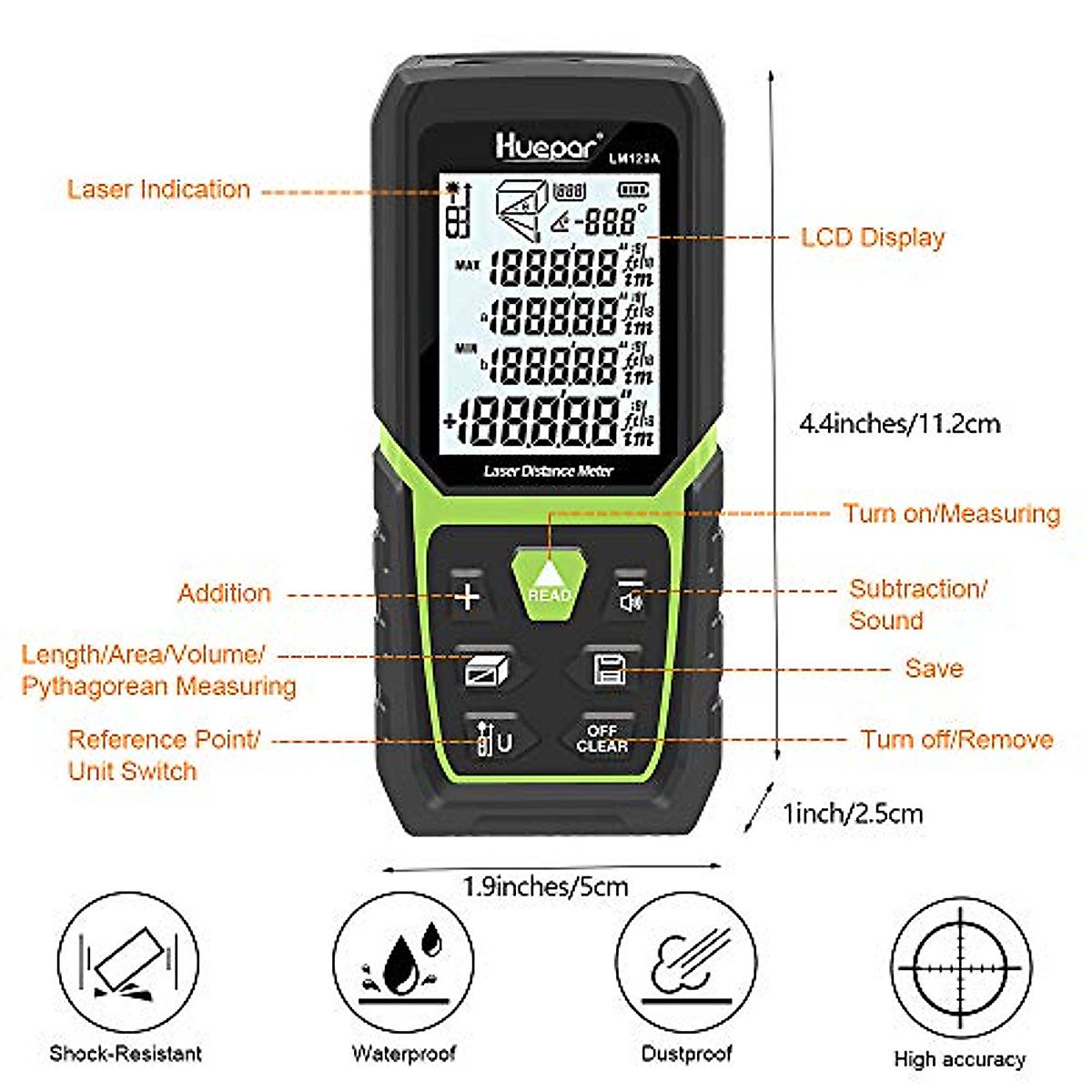 Huepar Laser Distance Meter 393Ft with Li-ion Battery & Electric Angle Sensor, Backlit LCD Laser Measure M/in/Ft with High Accuracy Multi-Measurement Modes, Pythagorean, Distance, Area&Volume-LM120A