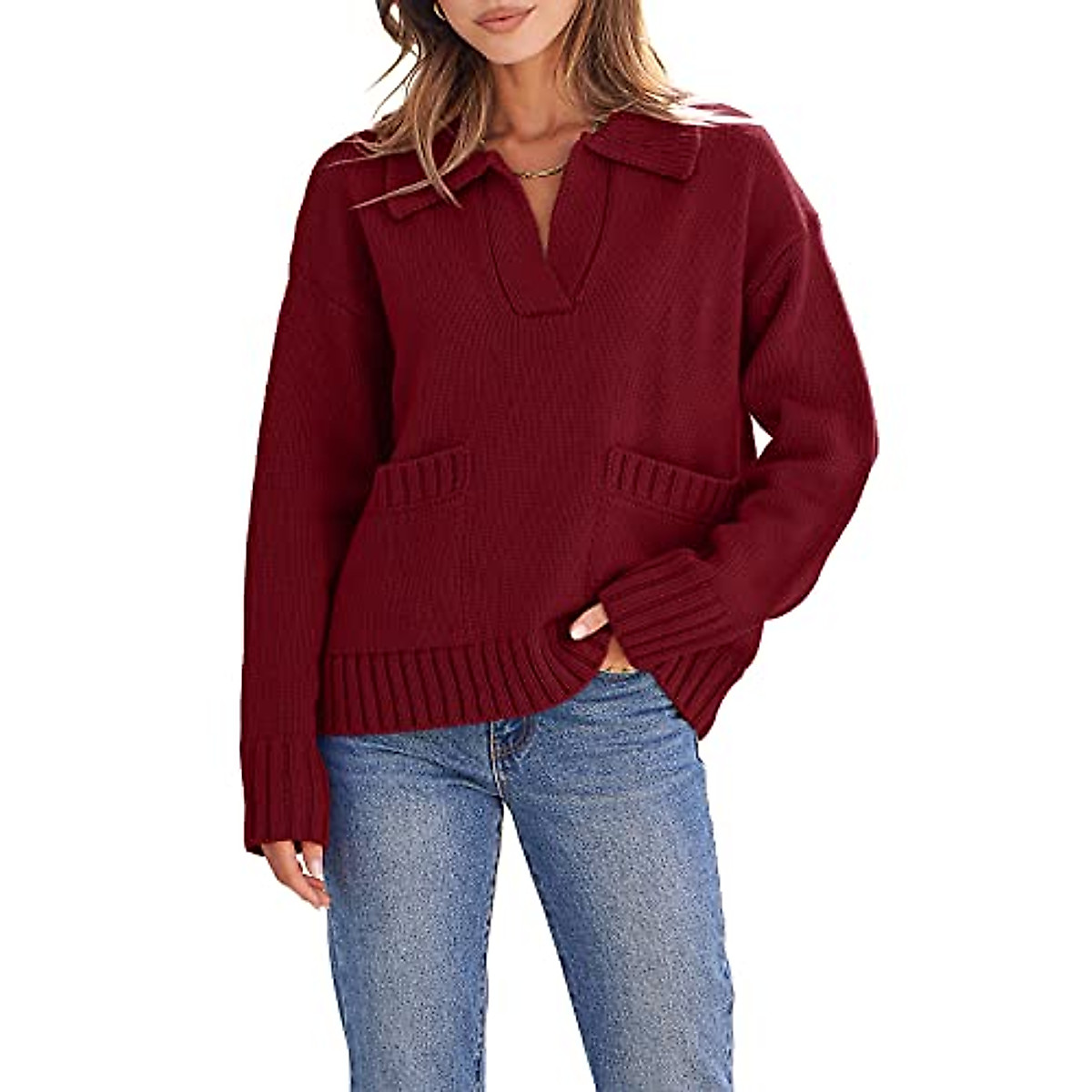 Caracilia V Neck Knit Sweater for Women Ribbed Hem Long Sleeve Pullover Loose Chunky Jumper Tops with Pocket C61A5-qianjiuhong-M Red Wine