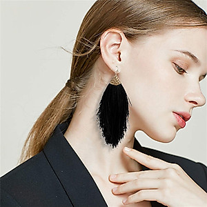 Fashion Bohemian Silky Thread Fan Fringe Tassel Statement Earrings - Lightweight Strand Feather Shape Dangles Earring 4 pcs (Black+White+Beige+Dark red)