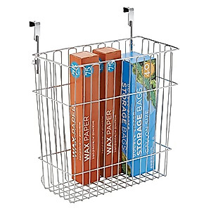 mDesign Steel Metal Wire Hanging Over Door Kitchen Storage Organizer Basket/Trash Can - Hangs Over Cabinet Doors for Bags, Tin Foil, Wax Paper, Saran Wrap - Concerto Collection - 2 Pack - Chrome