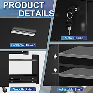 Kemon 3 Drawer Wood File Cabinet Mobile Lateral Filing Cabinet with Lock Printer Stand with Open Adjustable Storage Shelves for Home Office Organization Hanging Letter/Legal/F4/A4(Black)