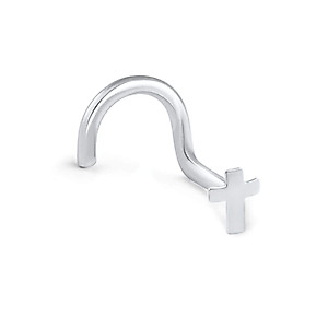 14k Solid White Gold Right Nose Screw Ring Cross 18G