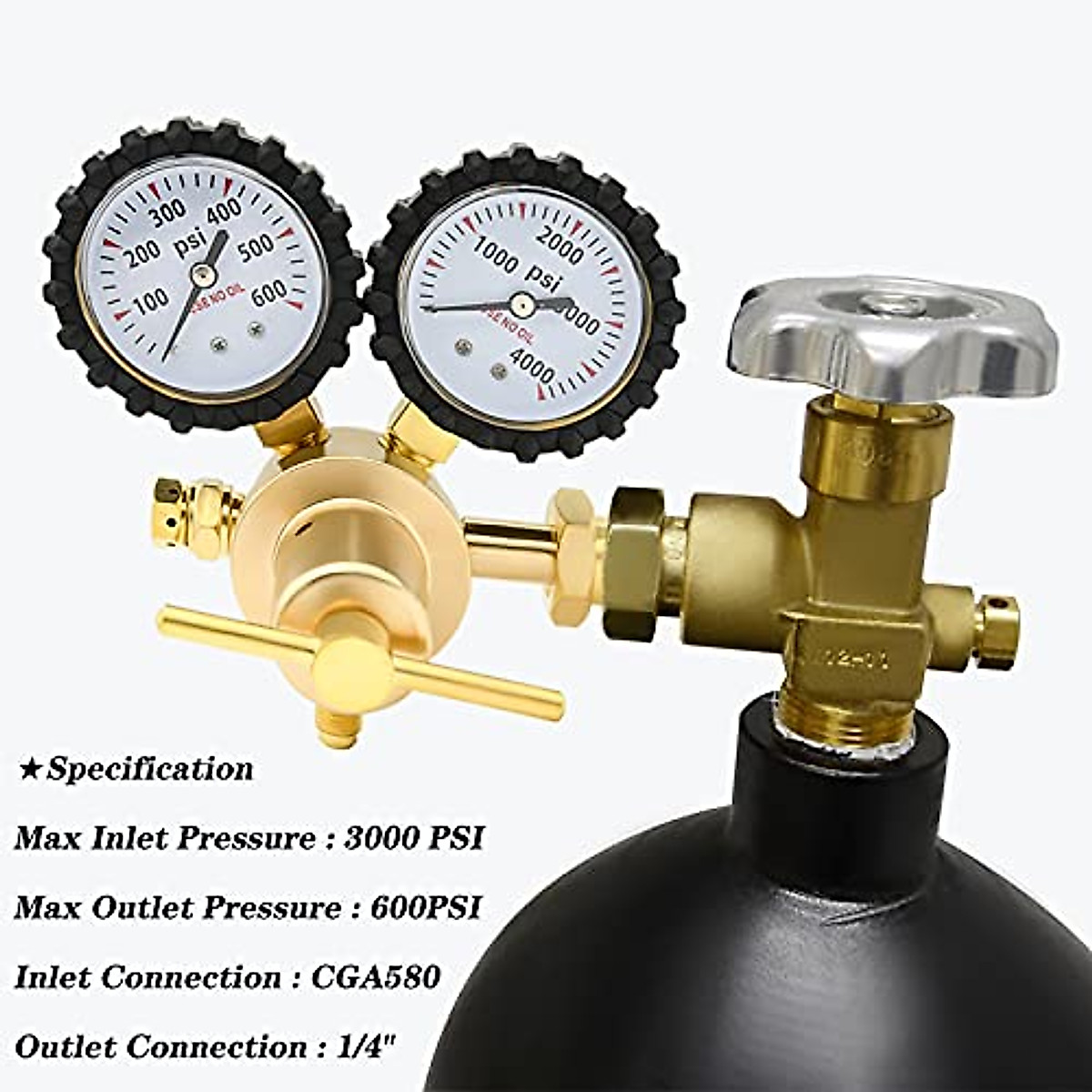 Nitrogen Regulator 0-600PSI CGA580 Inlet, 1/4-Inch Male Flare Outlet Connection, Heavy-Duty Handle, Self-reseating Relief Valve, Nitrogen Regulator Hvac, Helium Regulator, by NAKAO
