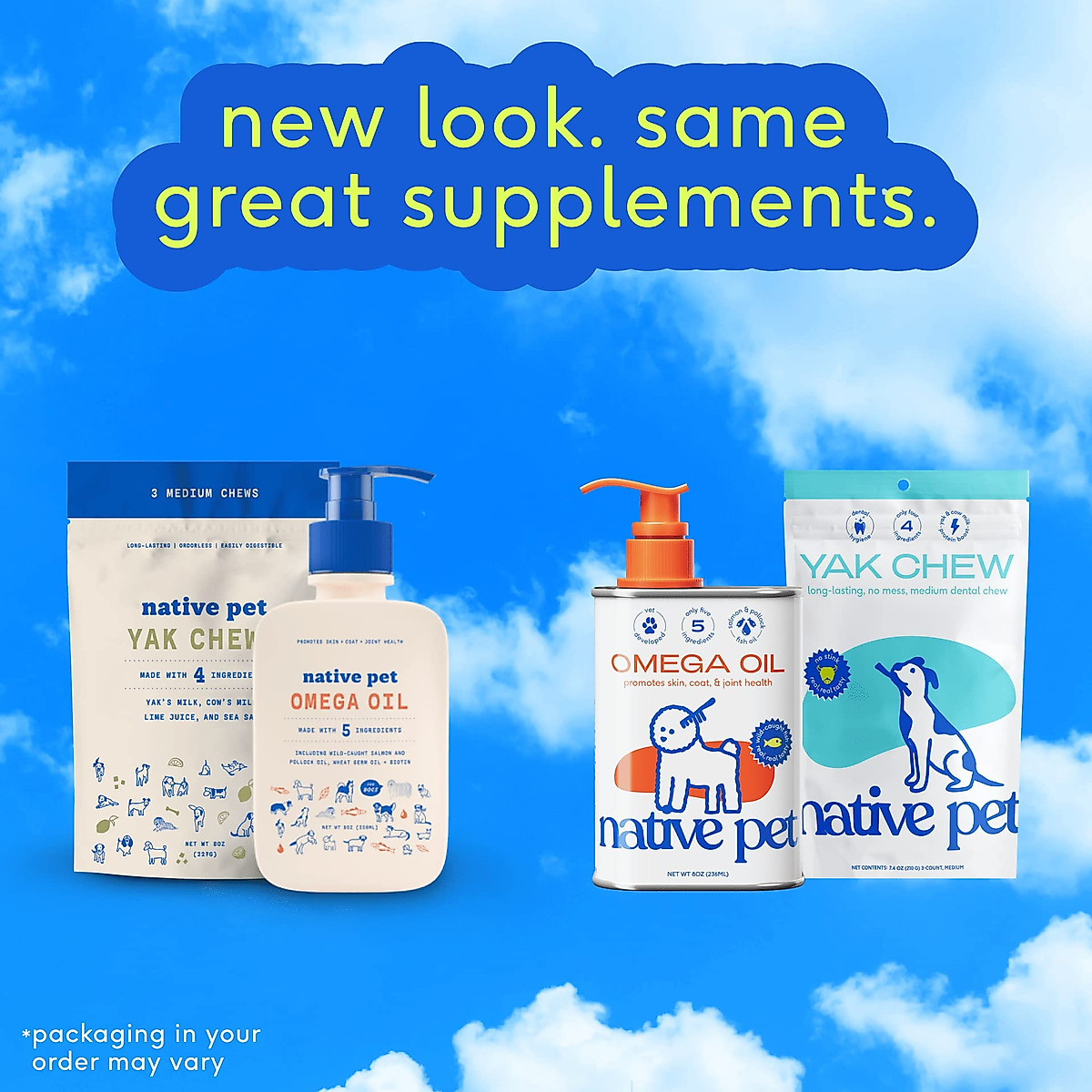 Native Pet Omega Oil for Dogs - Dog Fish Oil Supplements & Yak Chews for Dogs | Pasture-Raised and Organic Yak Cheese Himalayan Churpi Chews | 8 Oz. & 3 Medium Yak Chews