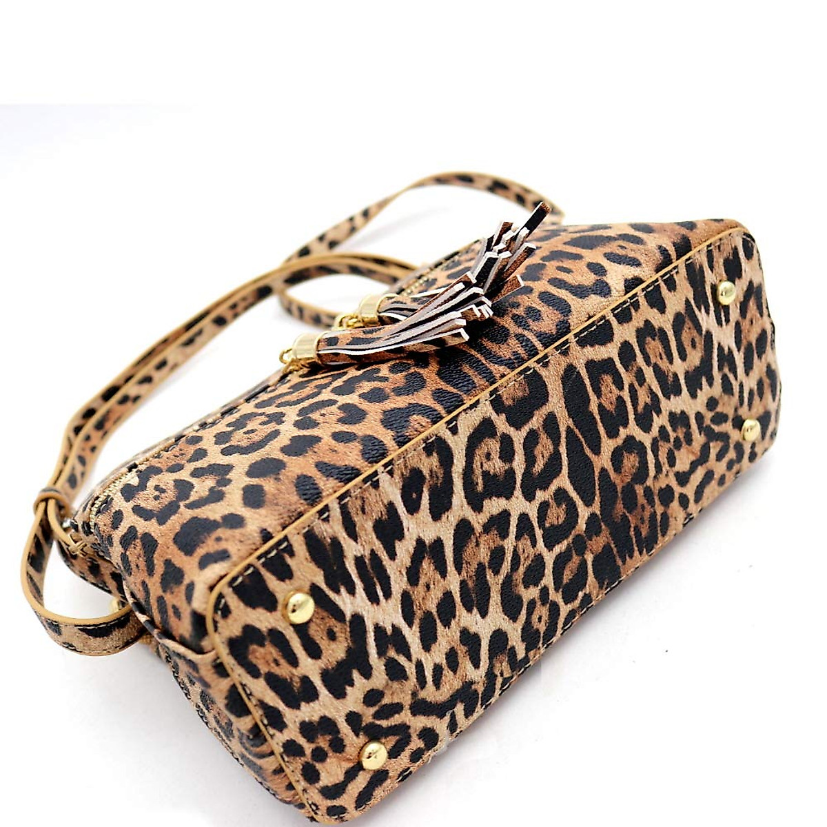 Trendeology Leopard Print Front Pocket Compartment Vegan Leather Dome Crossbody Purse Bag (Leopard3 - Tan) Medium