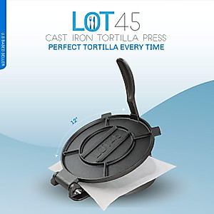 Lot45 Tortilla Press 12 inch - Cast Iron Manual Roti Maker Dough Press for Corn Tortillas, Tamales, Chapati, Naan Bread, Pizza Dough with 50 Parchment Paper Sheets
