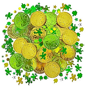 Cerlaza St. Patrick's Day Decorations Shamrocks Table Foil Confetti, 3 Pack Mix Styled Small Clover, Glitter Gold Dots, Hat Demon St Patricks Day Accessories with 30 pcs Shamrock Plastic Green and Gold Clover Lucky Coins
