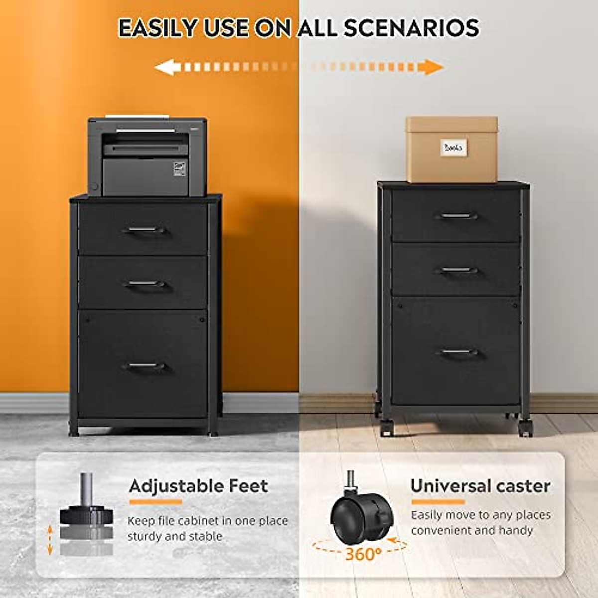 Raybee 3 Drawer File Cabinets for Home Office Small Rolling Filing Cabinets with Wheels fits A4, Letter,Legal Size Office Fabric Vertical Filing Cabinets 16.7" D*16" W*26.8" H Black…