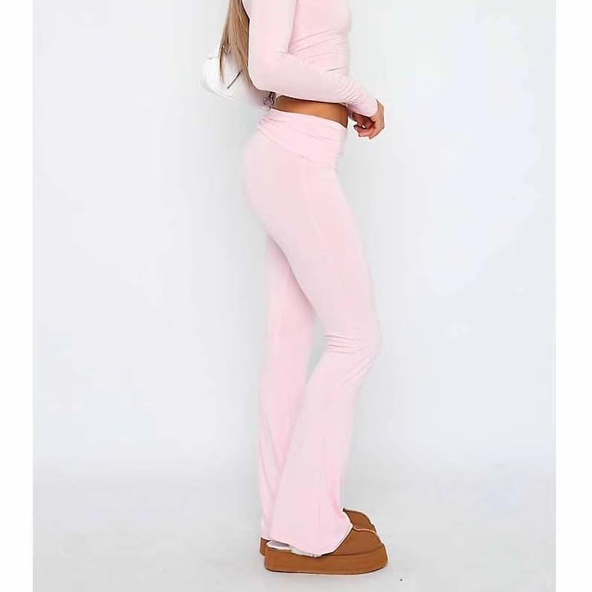 Sumleno Women Y2k Skinny Pants Flare Leggings Low Rise Fold Over Waist Bootcut Stretchy Yoga Sweatpants Lounge Streetwear (Light Pink,S)