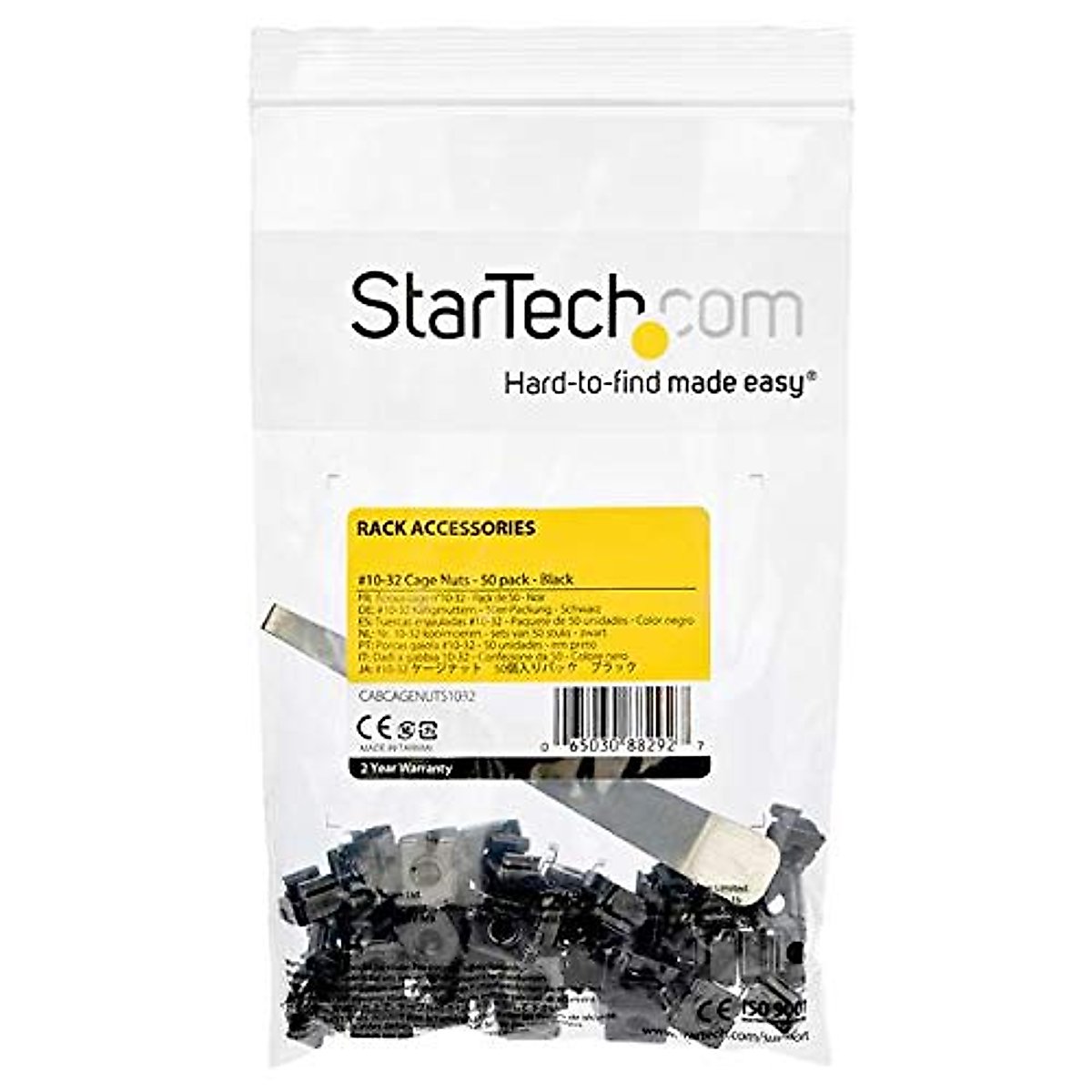 StarTech.com 10-32 Cage Nuts - 50 Pack - Rack Mount Clip Nuts - for Square Hole Server Rack - Black (CABCAGENUTS1032)