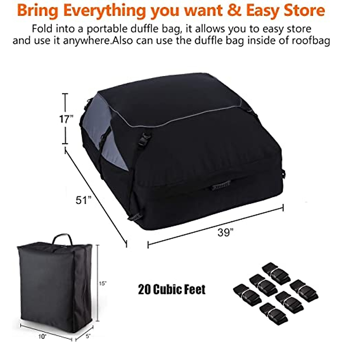 Sailnovo Car Rooftop Cargo Carrier Roof Bag Waterproof 20 Cubic Feet for Top of Vehicle with/Without Rack Car Top Carrier with 10*Reinforced Straps & Storage Bag 1000D