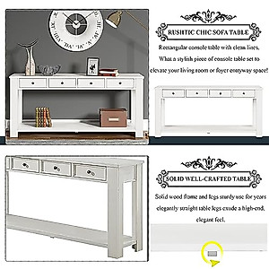 YWUFUART 63" Solid Wood Console Table,Pine Wood Sofa Table with 4 Storage Drawers,Retro Entry Table for Living Room,Hallway,Entryway,Foyer,Antique White