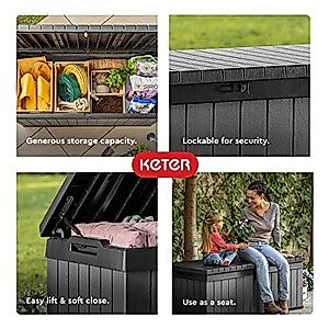 Keter Darwin 100 Gallon Resin Large Deck Box - Organization and Storage for Patio Furniture, Outdoor Cushions, Garden Tools and Pool Toys, Grey & Black