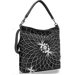 Zzfab Starburst Rhinestone Hobo Bag with Shoulder Strap Black