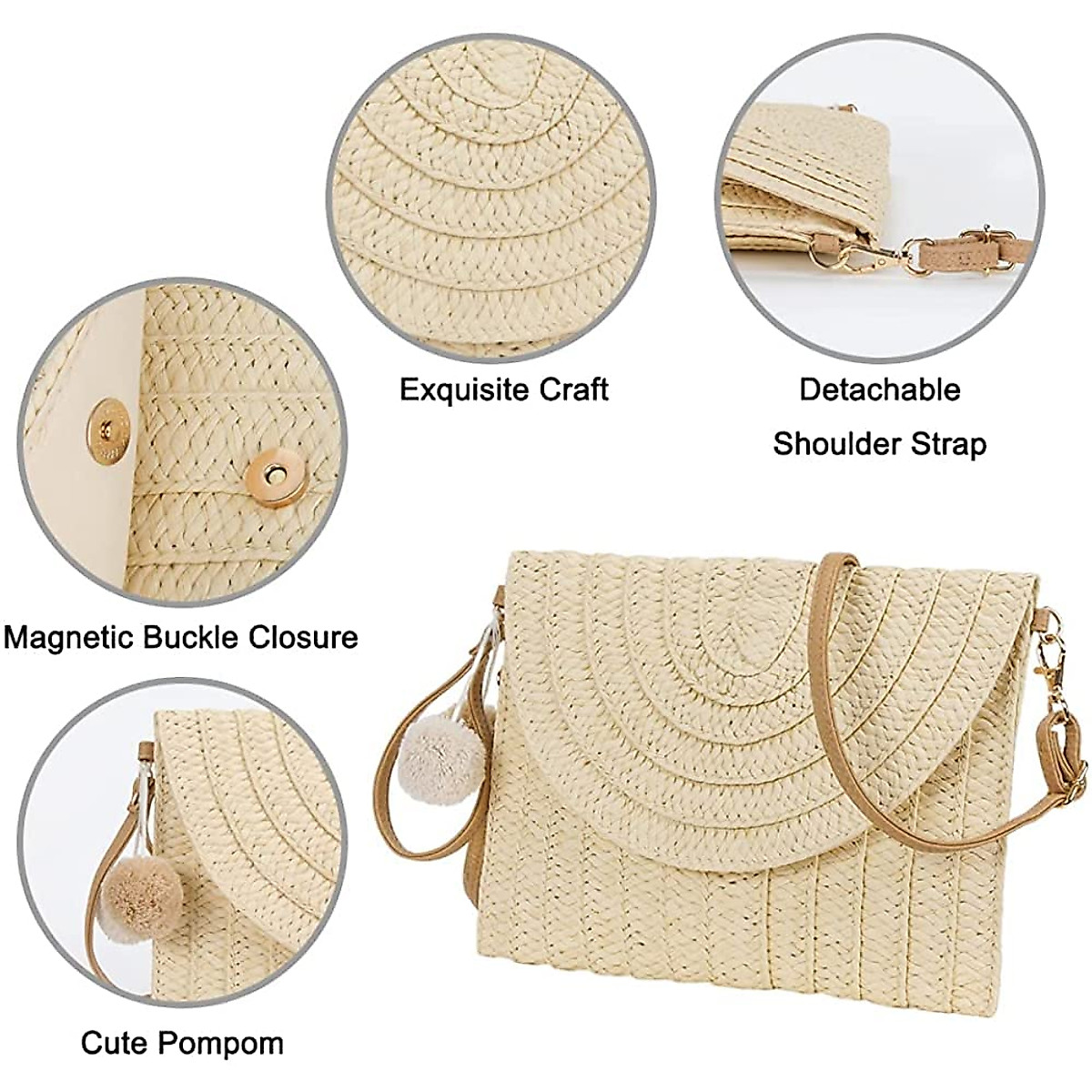 WILDAURORA Straw Shoulder Bag Straw Clutch Women Hand-woven PomPom Straw Crossbody Bag Summer Beach Envelope Purse Wallet