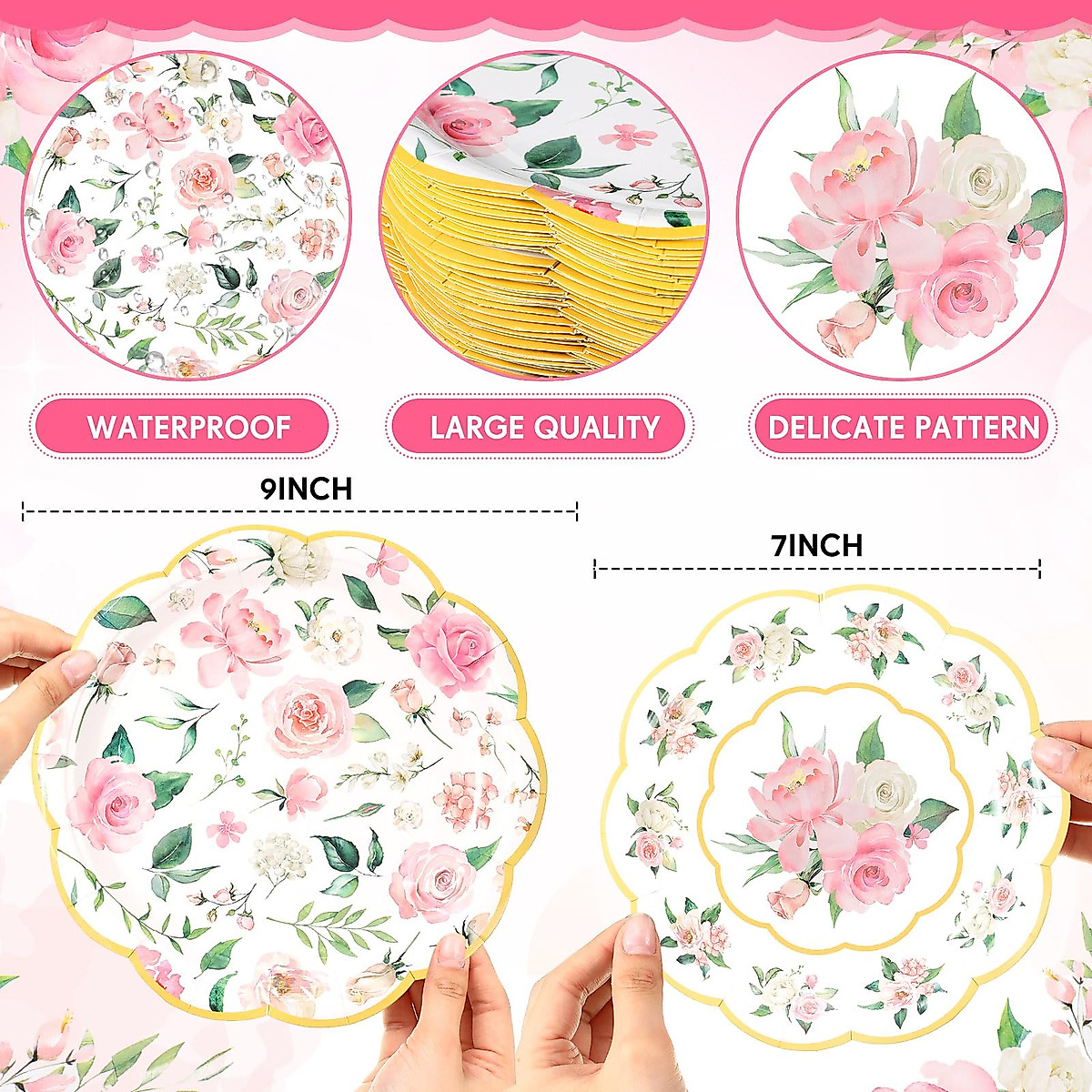 Pickmesh 60 Pack Floral Paper Plates 9 in and 7 in Flower Party Plates Pink Disposable Dessert Plates Wedding Plates Gold Foil Edge Tea Party Plates for Birthday Baby Shower Bridal Party Decor