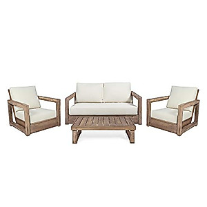 Christopher Knight Home Sammy, Brown and Beige Outdoor 4 Seater Acacia Wood Chat Set with Water Resistant Cushions
