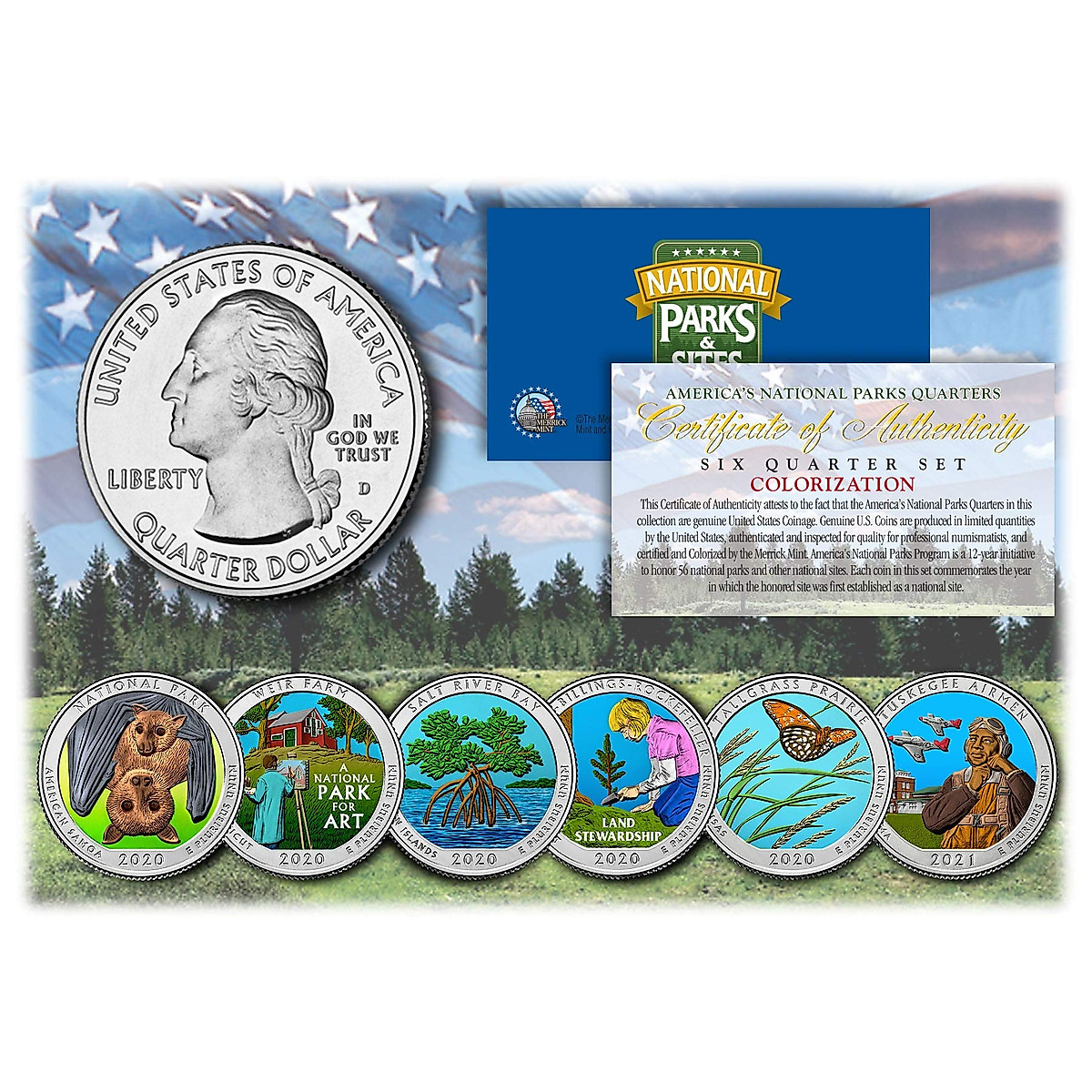 Merrick Mint 2020 2021 America The Beautiful Colorized Parks Quarters 6-Coin Set with Capsules and Certificate