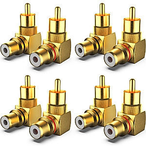 Warmstor RCA Right Angle Adapter, Gold-Plated 8-Pack 90 Degree Metal RCA Male to RCA Female Connector Adapter (4 Black + 4 Red)
