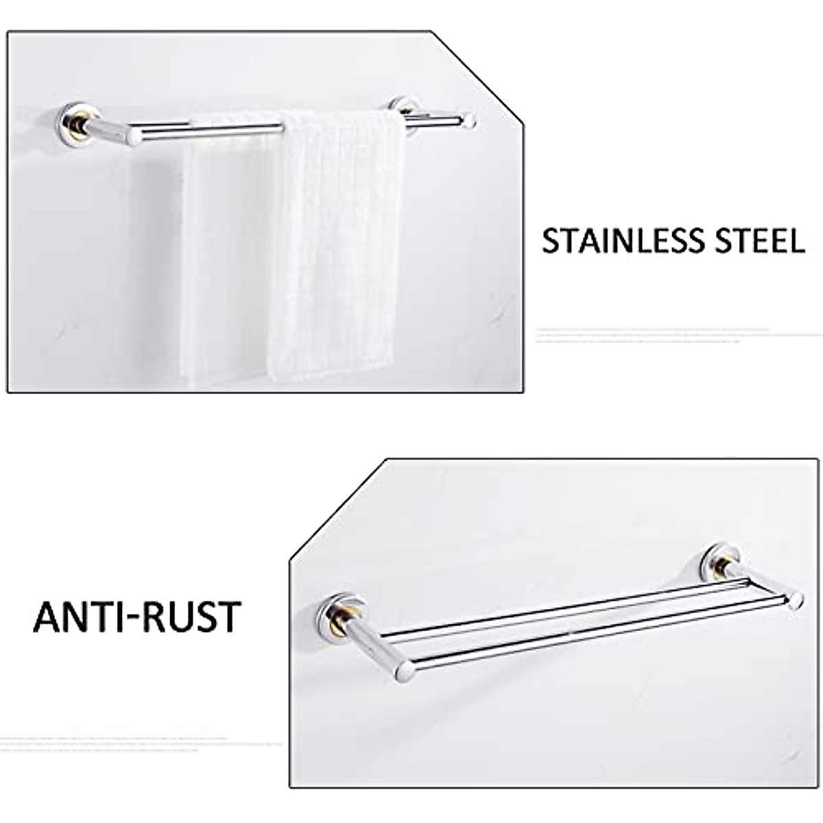 YDYFC European Double Towel Bar Rail, Polished Silver Finish, Wall Mounted Stainless Steel Round Base Towel Holder Rack for Bathroom Hardware and Kitchen, Gold+Silver, 40cm/50cm/60cm/80cm