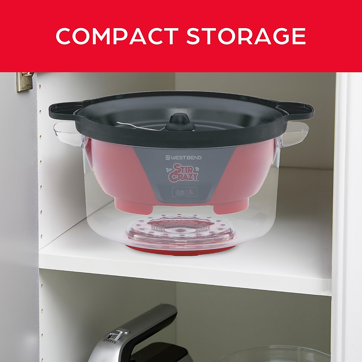 West Bend Stir Crazy Popcorn Machine Electric Hot Oil Popper Includes Large Lid for Serving Bowl and Convenient Nesting Storage, 6-Quart, Red