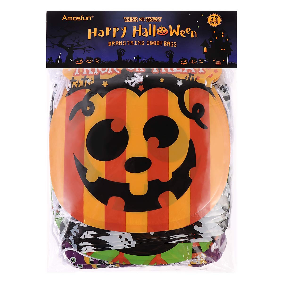 Amosfun 72pcs Halloween Drawstring Treat Bags - Trick or Treat Party Goodie Bags Large Size Candy Bags Halloween Party Favors