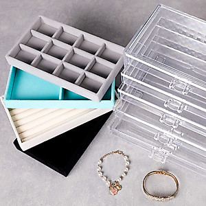 Frebeauty Extra Large Acrylic Jewelry Box for Women 5 Layers Clear Jewelry Organizer Velvet Earring Box with 5 Drawers Rings Display Case Necklaces Holder Tray for Women Girls (Grey)