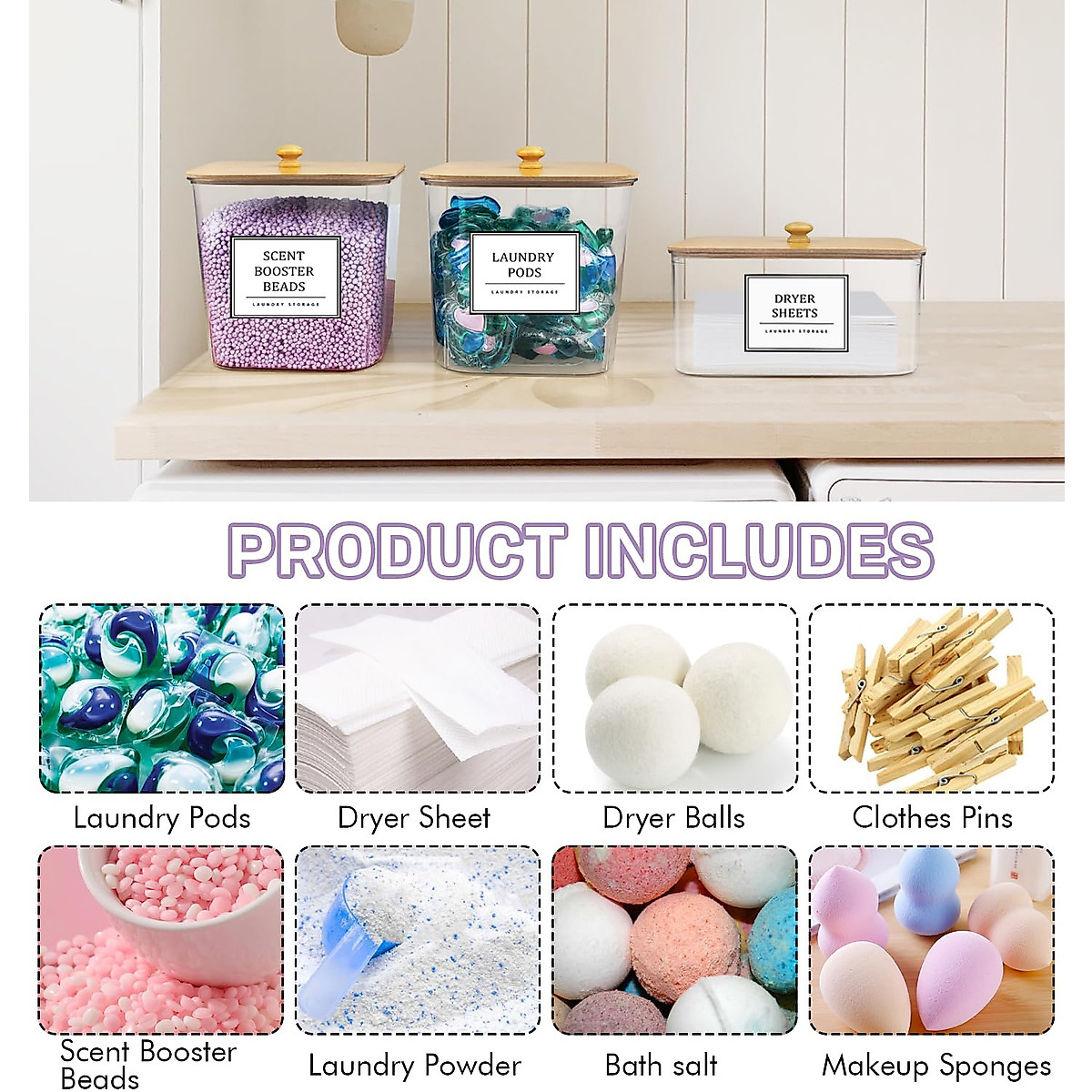 2+1 Pack Laundry Pods Container,Clear Laundry Detergent Powder Storage Containers,Laundry Room Organization Containers with Wooden Lids & Labels,Laundry Pods Holder for Scent Booster,Dryer Ball