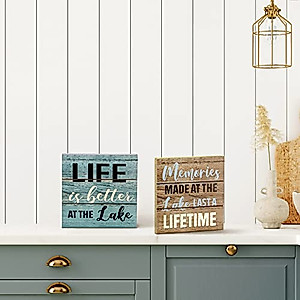 2 Pcs Summer Lake House Decor Memories at The Lake Life Is Better at The Lake Box Sign Wooden Motivational Decor Rustic Lake Cabin Home Wall Decor Primitive Country Lake Sign Farmhouse Kitchen Decor