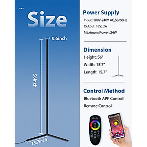 TACAHE Smart Corner Floor Lamp - Advanced Version, APP & Remote Control - Multi Lamp Pattern Sync - Transparent Lampshade with Ultra Brightness, Mood Light for Studio, Gaming Setup - 20W, Black