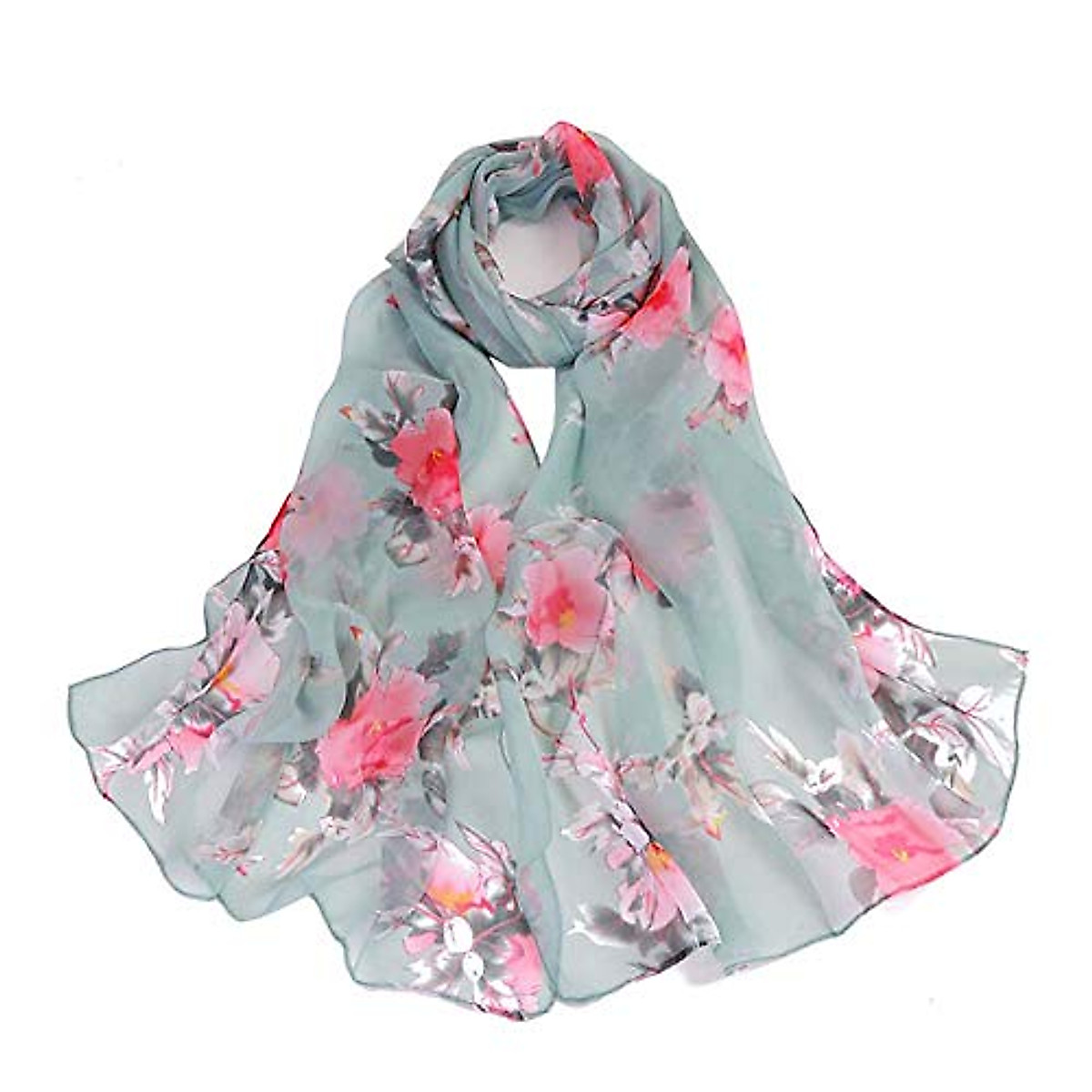 AliceLife Print Silk Feeling Scarf Fashion Scarves Lightweight Sunscreen Shawls for Women (peach blossom&Green)