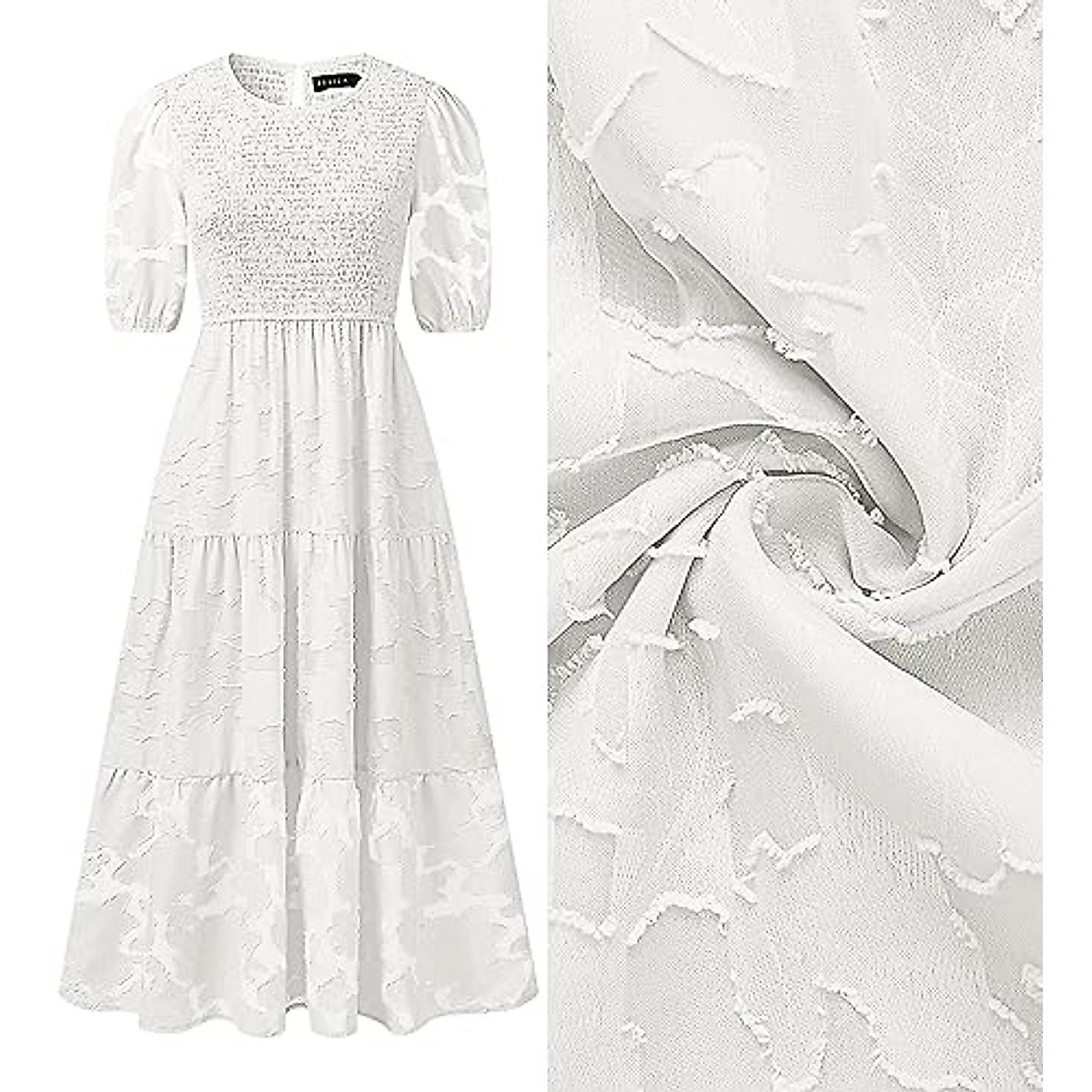 ZESICA Women's 2023 Summer Short Puff Sleeve Crewneck Smocked Floral Lace Flowy A Line Tiered Midi Dresses,White,Medium