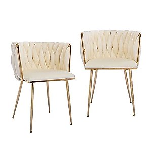 Homtique Dining Chairs Set of 2 Modern Velvet Woven Accent Chair with Gold Metal Legs,Luxury Upholstered Armchair Side Chair for Kitchen Vanity Living Room Bedroom (Cream)