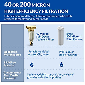 SimPure 40/200 Micron Spin Down Sediment Filter, Reusable Whole House Sediment Water Filter, Pre-Filtration System for City/Well water, 1" MNPT + 3/4" FNPT + 3/4"MNPT, BPA Free