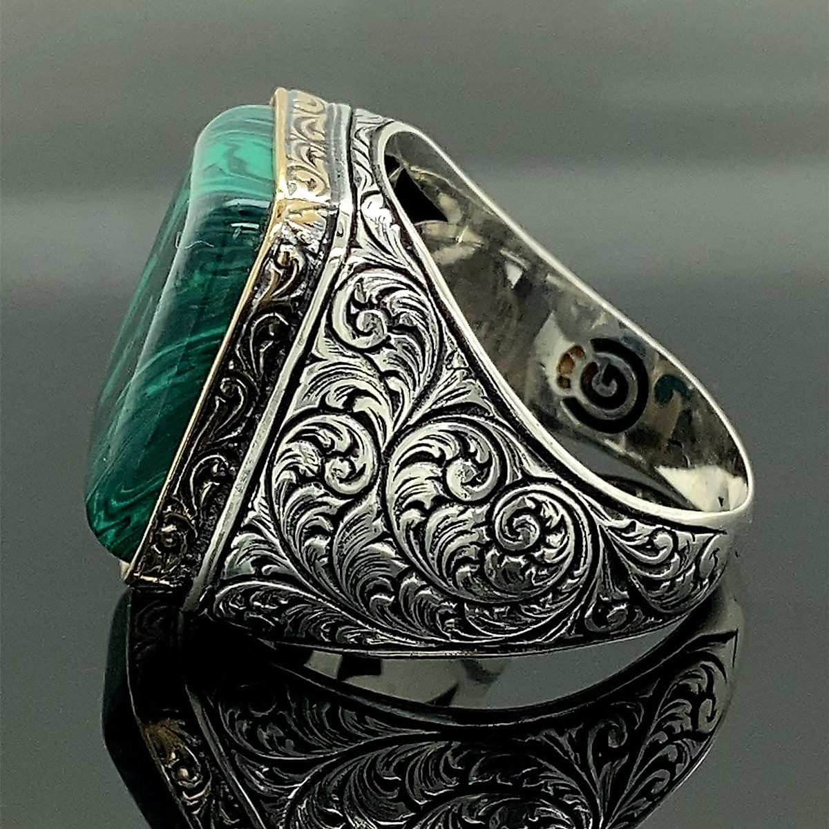 Malachite Gemstone Ring, Men Handmade Ring, Turkısh Handmade Ring, Embroidered Ring, Ottoman Jewelry