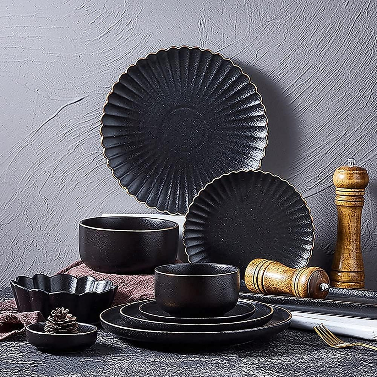 GagalU Porcelain Plate and Bowl Set,Kitchen Tableware Set,Ceramic Dinnerware Set, 15 Pcs Matte Black Retro Plates and Bowls Set- Irregular Edge Dinner Sets, Service for 4