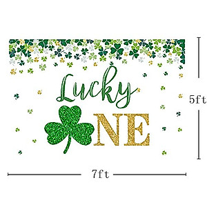 MEHOFOND 7x5ft St. Patrick's Day Happy First Birthday Party Decorations Photo Backdrop Lucky One Banner Green and Gold Shamrock Irish Supplies Spring March Photography Background Props for Cake Smash