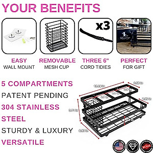 Premium Hair Tool Organizer Wall Mount, Hair Basket, 5 Compartments, Stainless Steel. Large Bathroom Sink Organizer Countertop. Hair Dryer Storage Organizer Under Sink. Hair Utensil Holder. Black