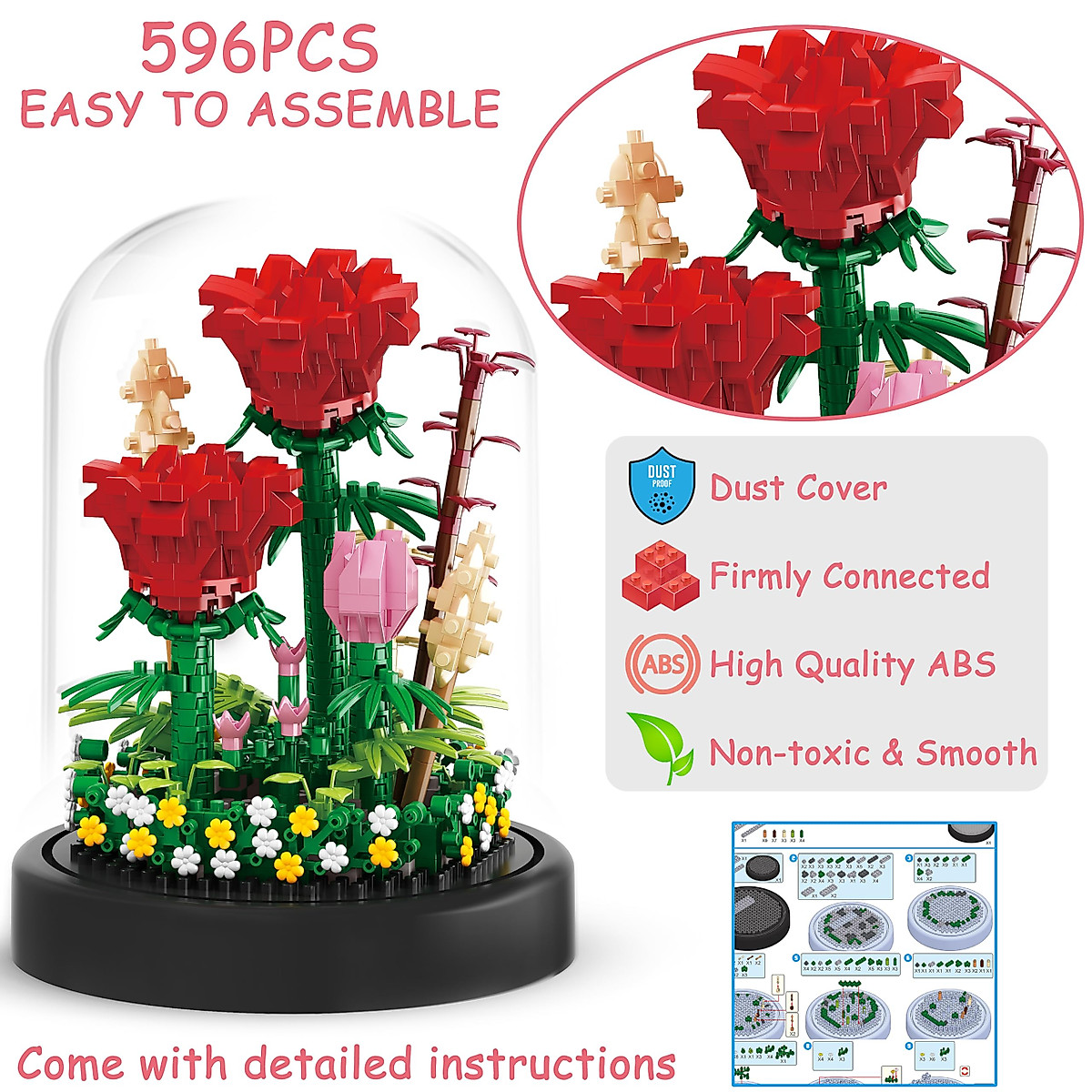 Flower Bouquets Building Sets, 596PCS Red Rose Flower Building Blocks with Dust Cover Forever Rose Home Decor, Birthday Gifts Valentines Day Gifts for Her Women Mom Girlfriend Wife (RED)