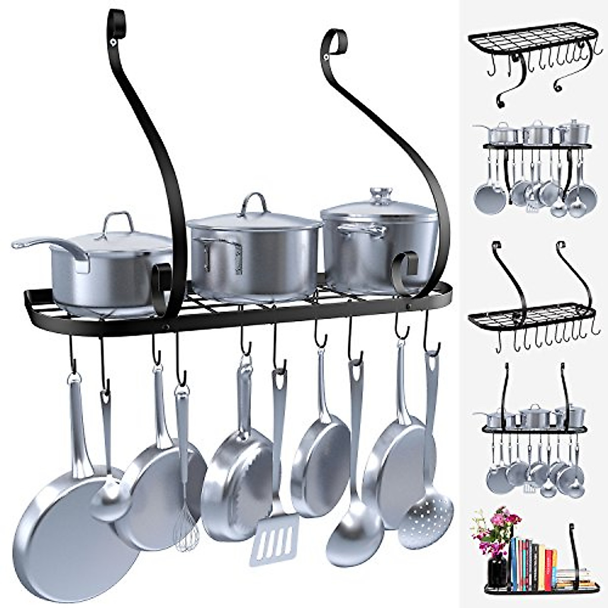 Vdomus Wall Mounted Pot and Pan Rack for Kitchen, Cookware Hanging rack with 10 Hooks Included, Hanging Pan Organizer, Black
