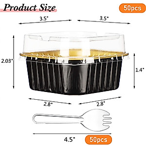 AXZTYYLA Square Baking Cups, 50pcs 5oz Aluminum Foil Mini Cake Pans with Lids, Disposable Creme Brulee Ramekins Muffin Tins Flan Cupcake Liners Dessert Cups Containers with 50 Spoons (Black, 50pcs)