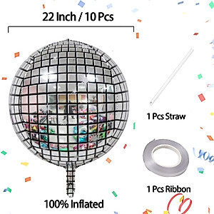KALOR 22 Inch Metallic Disco Silver Mylar Balloons,10 Pcs Disco Ball Balloons,Large 4D Giant Round Foil Balloons for 70s Disco Party Decorations Birthday Decorations
