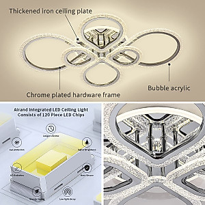 Modern Ceiling Light Fixture LED Chandelier Remote Control Dimmable 3000K-6500K Metal Polished Acrylic Flush Mount Lamp Suitable Living Room Bedroom Dining Room Kitchen (Polished Chrome, 6 Rings)