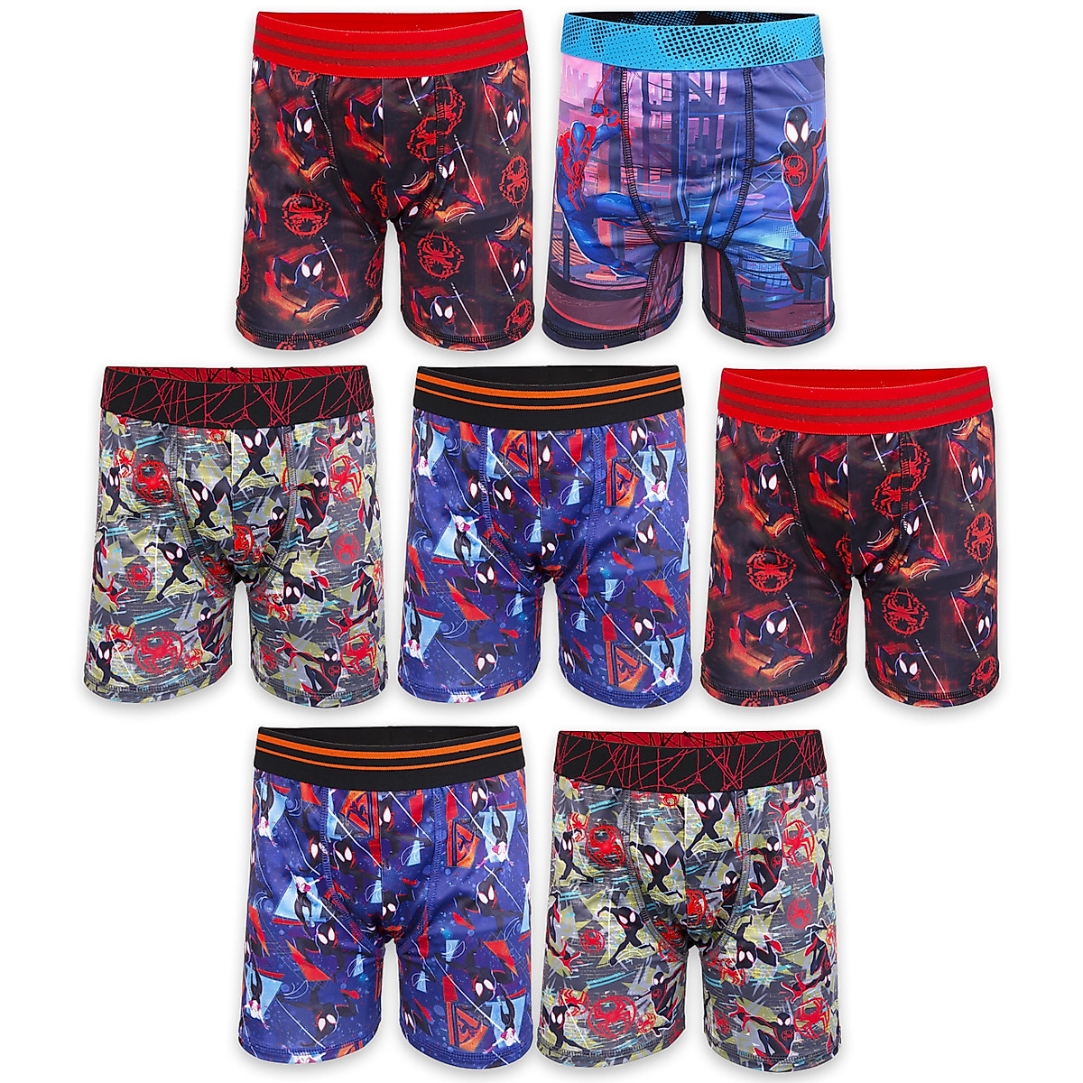 Spiderman Boys Multipacks with Multiple Print Choices Available in Sizes 4, 6, 8, 10, and 12, 7-Pack Athletic Boxer Brief_Spiderverse