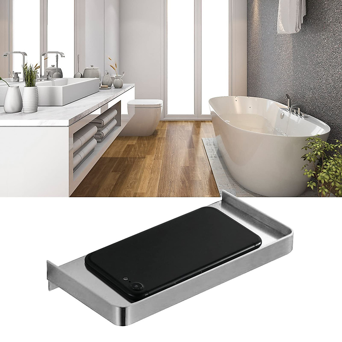 Phone Shelf Stainless Steel Bathroom Phone Holder Wall Mounted Thick Phone Storage Shelf Toilet Accessory 185x90mm(Silver)