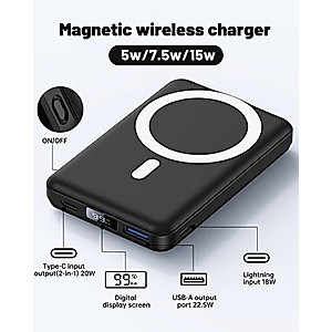 Yiisonger Magnetic Wireless Portable Charger, Foldable 10000mAh Battery Pack with USB-C Cable LED Display, Magnetic Power Bank 22.5W PD Fast Charging for iPhone 14/13/12/Pro/Mini/Pro Max（Black）