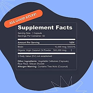 NABUU Biotin with Organic Coconut Oil - Supports Healthy Hair, Skin & Nails - Vitamin Supplement Promoting Hair Growth for Women & Men - Vegan, Organic & Gluten-Free - (2 Pack, 120 Capsules)