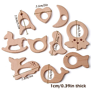Baby Organic Wood Teether Set DIY Rattle Ring for Infant Gum Relief Grasping Toy Jewelry Holder, Rocket Heart Moon Jellyfish Hobbyhorse Bear Dinosaur Fish Deer Whale